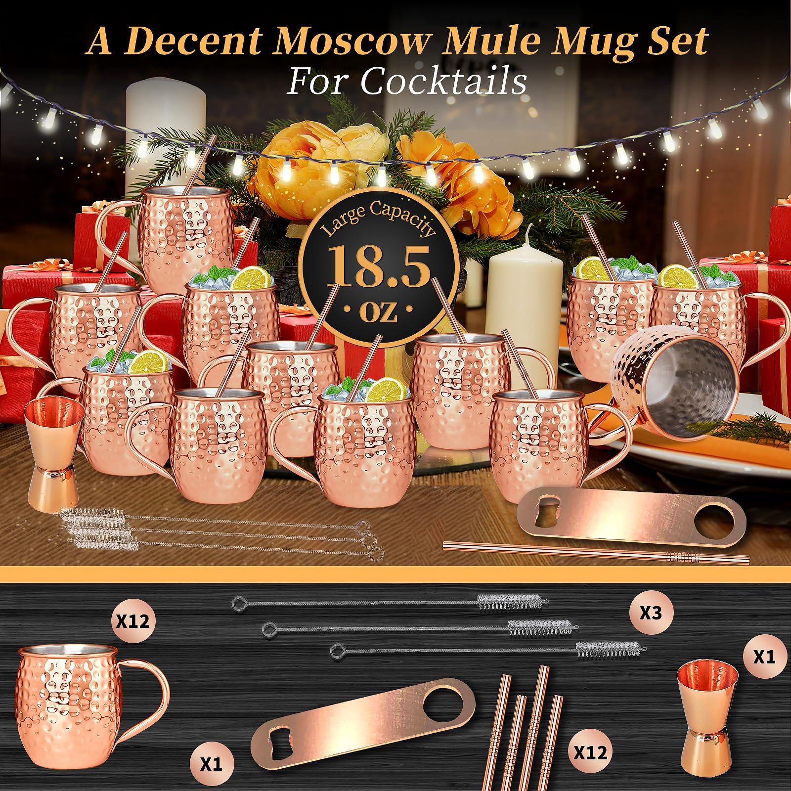 Moscow Mule Copper Mugs Moscow Mule Cups Kit 19oz Set of 12 with Handle Large Copper Hammered Plating Cups with 0.5oz Double Jigger, Stainless Steel Straws, Spoons for Cold Drinks Cocktails Wine