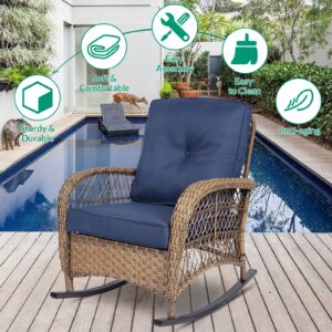 VIVIJASON Outdoor Wicker Rocking Chair, Patio Rattan Rocker Chair with Cushions & Steel Frame, All-Weather Rocking Lawn Wicker Furniture for Garden Backyard Porch (Navy Blue)