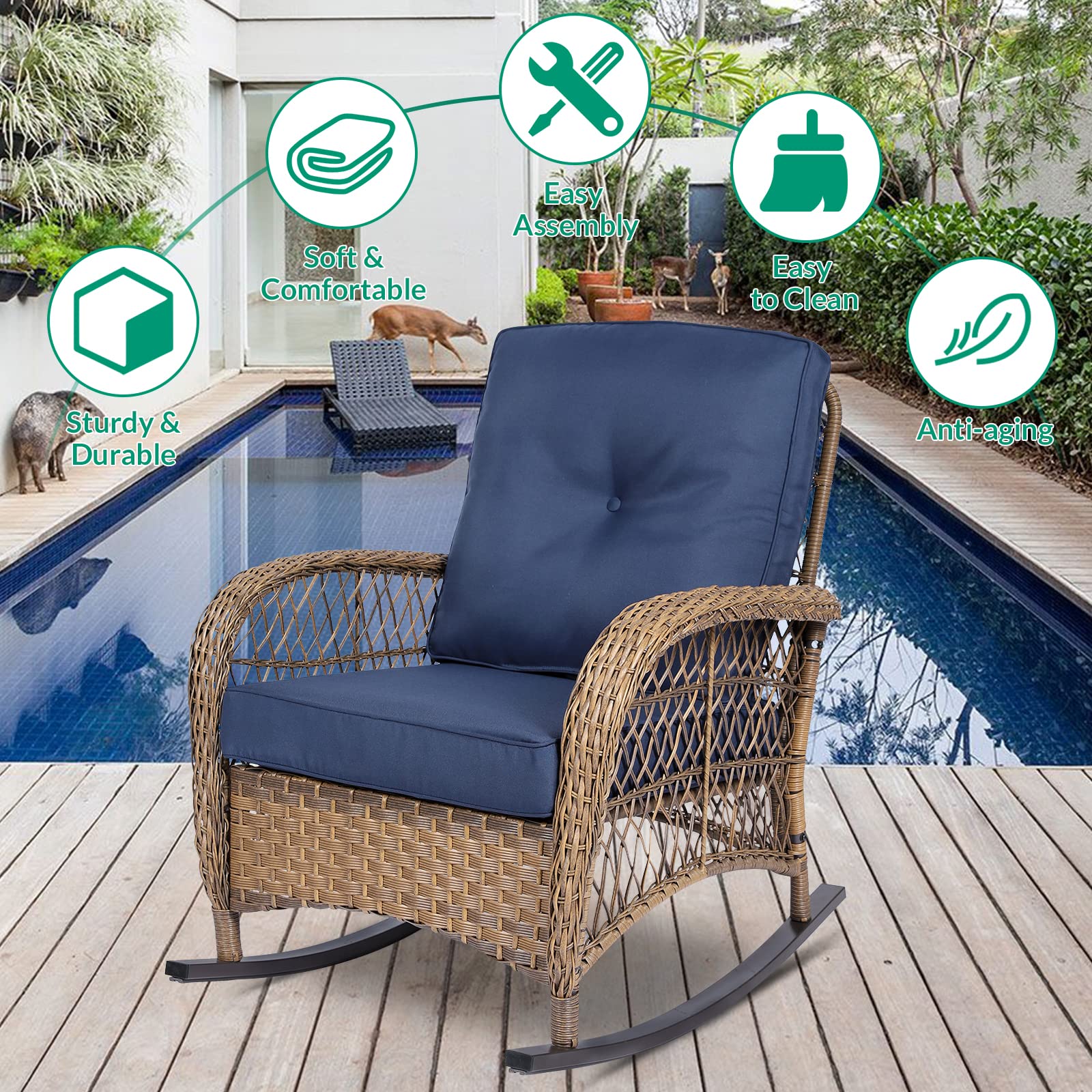 VIVIJASON Outdoor Wicker Rocking Chair, Patio Rattan Rocker Chair with Cushions & Steel Frame, All-Weather Rocking Lawn Wicker Furniture for Garden Backyard Porch (Navy Blue)