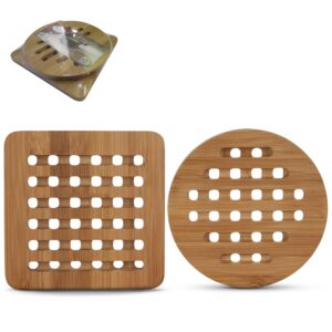 alpine cuisine bamboo trivet 2pc set round & square 15cm - hot plate trivet for kitchen, heat-resistant trivet mats for home kitchen, coffee table, living room, bar, hot dishes, pot, bowl, & teapot