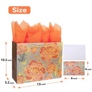 13" Large Rose Gold Gift Bag Set with Greeting Card and Orange Tissue Paper for celebrating birthdays,Mother's Day,Christmas,weddings,anniversaries,and more-13"x10.1"x5.2",1 Pcs.