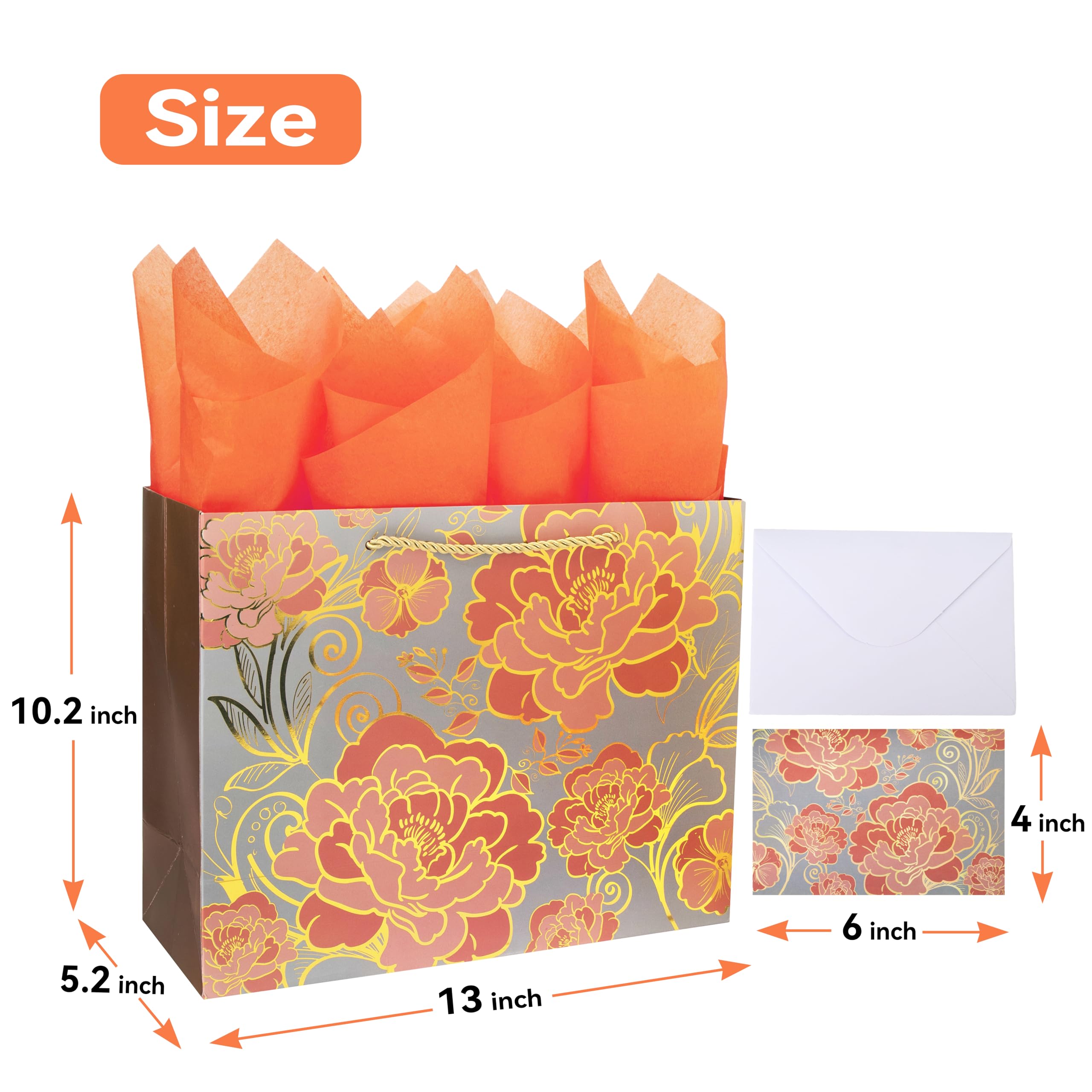 13" Large Rose Gold Gift Bag Set with Greeting Card and Orange Tissue Paper for celebrating birthdays,Mother's Day,Christmas,weddings,anniversaries,and more-13"x10.1"x5.2",1 Pcs.