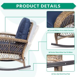 VIVIJASON Outdoor Wicker Rocking Chair, Patio Rattan Rocker Chair with Cushions & Steel Frame, All-Weather Rocking Lawn Wicker Furniture for Garden Backyard Porch (Navy Blue)