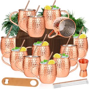 moscow mule copper mugs moscow mule cups kit 19oz set of 12 with handle large copper hammered plating cups with 0.5oz double jigger, stainless steel straws, spoons for cold drinks cocktails wine