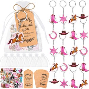 sasylvia 159 pcs cowgirl party favors include 36 pink acrylic keychains 36 organza bags 36 thank kraft tags 50 cowgirl stickers rope western disco horse rodeo birthday baby shower party supplies