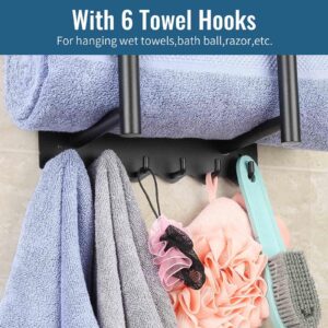 Towel Rack Wall Mounted,Bathroom Rolled Towel Holder,Adhesive Metal Black Shelf Towel Hanger,Nails Free Bath Blanket Storage,Stainless Steel Shower Hooks Towel Organizer,Home Bathroom Accessories Set