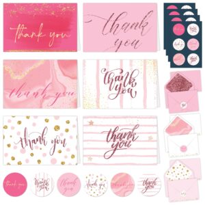 decorably thank you cards with envelopes & stickers, glittery cards - 24 pack thank you cards pink thank you cards with envelopes pink, blank inside pink thank you notes, 6x4in thank you notes pink