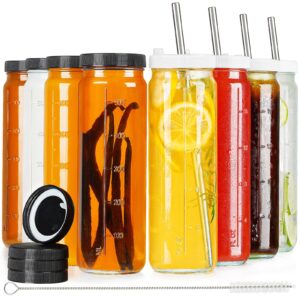 ritayedet 8 pack 20 oz glass juicing bottles w 8 bk screw lids(100% airtight sturdy lid w silicone) & 4 wh screw lids w hole & 4 straws - drinking jars, travel water cups