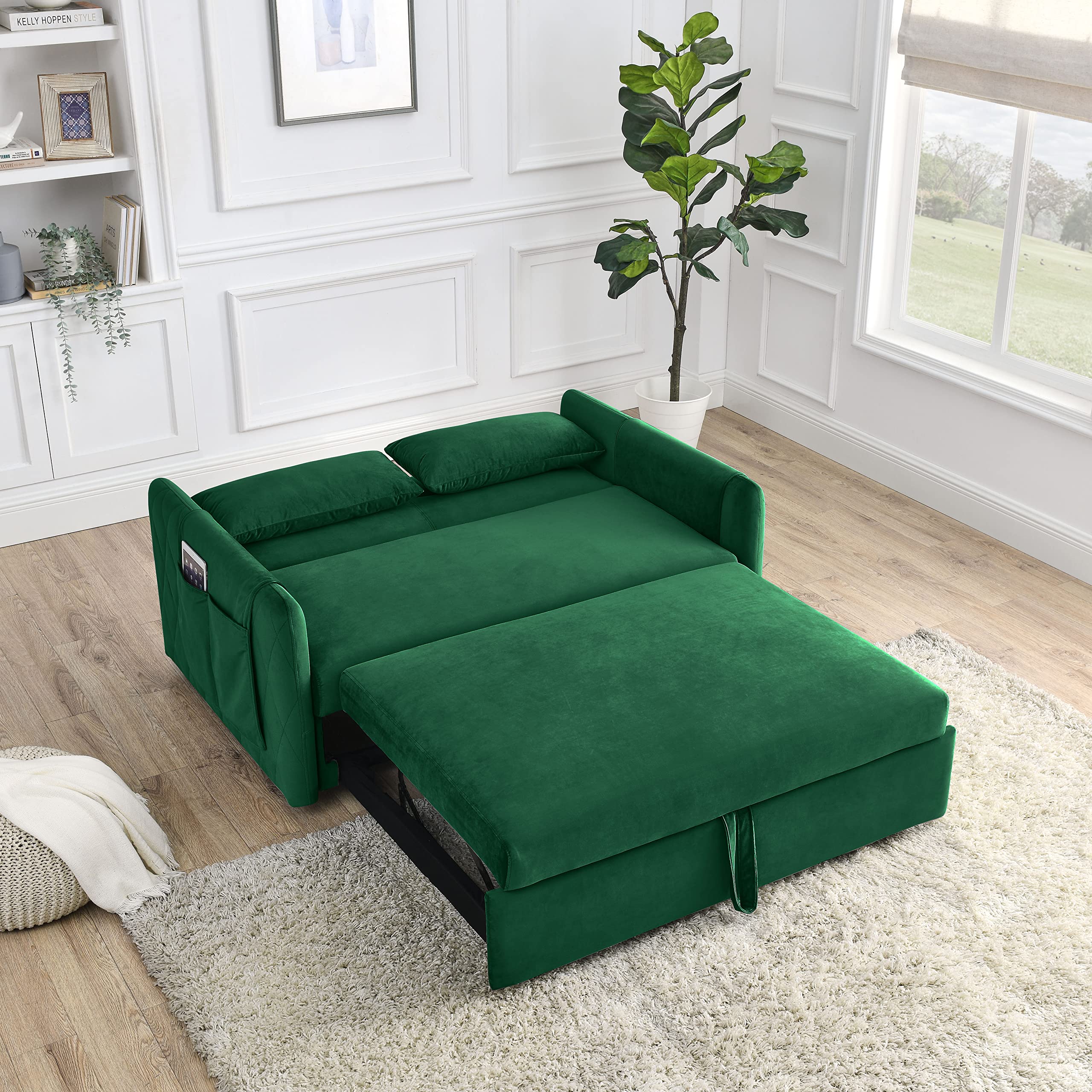 Ucloveria Sleeper Sofa, Pull Out Couch with 2 Detachable Arm Pockets, Loveseat Sleeper Adjustable, 55" Convertible Pull Out Sofa Bed for Living Room Bedroom, Velvet Green