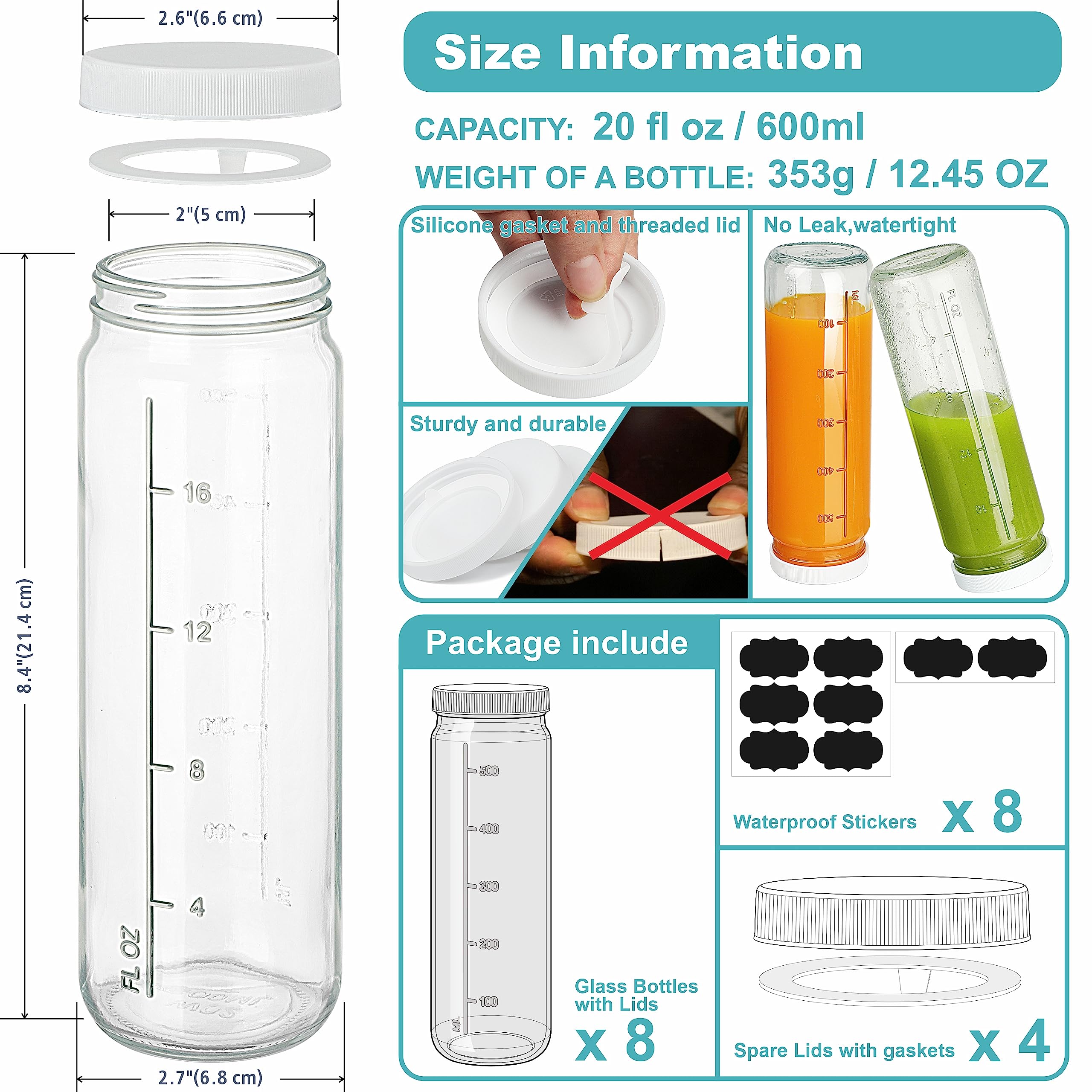 Ritayedet 8 Pack 20 Oz Travel Glass Drinking Bottles Jars - 100% Airtight Heavy Duty Sturdy SCREW Lids w Silicone - Reusable Glass Water Bottles for Juicing, Kombucha, Vanilla Extract