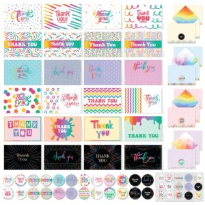 decorably assorted thank you cards with envelopes & stickers - 24 pack rainbow thank you cards with envelopes, blank inside 4x6in thank you cards rainbow, thank you card assortment