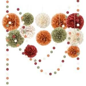 nicrolandee fall wedding decorations - 15 pcs pumpkin orange sage green ivory tissue pom poms decor, dots paper garland for thanksgiving, baby shower, autumn harvest party supplies