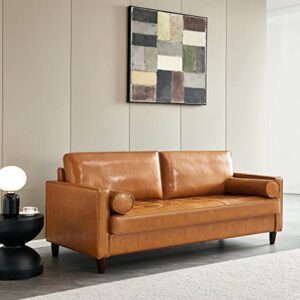 harper & bright designs pu leather living room sofa, mid-century upholstered 3-seat sofa couch with 2 pillows,hidden storage space and button tufted seat for home or office (3 seat, brown)