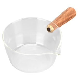 glass milk pot with wooden handle, small saucepan with v shaped spout, exquisite workmanship milk boiling pot multifunction cooking utensil for hot milk, salads, noodles (small)