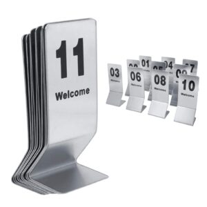 standing table number cards 1-25 1-50 place cards, stainless steel restaurant weddings table numbers holder with double-side black numbers, elegant tabletop decorations