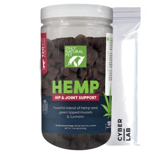 only natural pet hip & joint hemp soft chews with cyberlab bag-with-turmeric, green lipped mussels - hip & joint supplement for dogs, pain relief & mobility support formula, 120 count