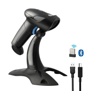 sumicor bluetooth wireless barcode scanner with stand, handfrees automatic scanning & manual trigger hand barcode scanner gun, 1d 2d qr code dm scanner work with smart phone, tablet, pc