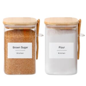 flour and sugar containers - 34 oz glass jar with bamboo lid and spoon, sugar holder and canister for countertop, glass containers for coffee beans, tea, flour, nuts, candy and cookie (set of 2)