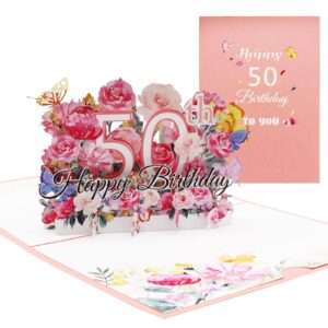 pop up birthday card happy 50th birthday cards pink birthday gift card 3d popup 50th birthday greeting card flower card with note card and envelope 50th birthday gifts for women men wife mother father