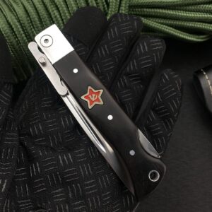 8.7inch EDC Folding Lock Back Pocket Knife with Leather Sheath, 440C Steel Blade Wood Handle, Tactical Pocket Knife with Hand-Blocking Design for Camping Survival