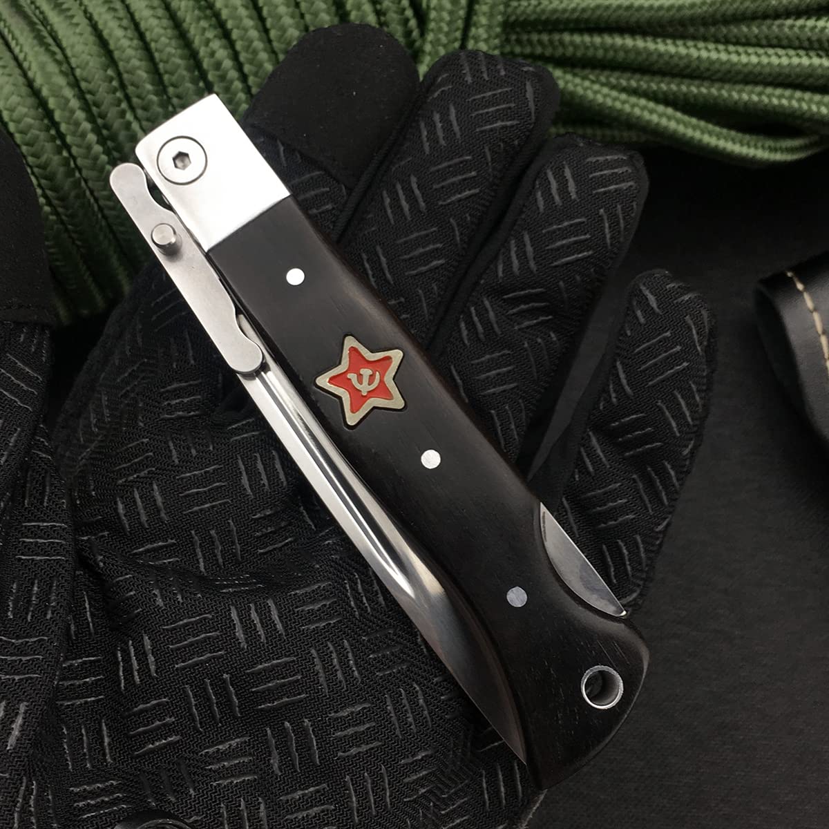 8.7inch EDC Folding Lock Back Pocket Knife with Leather Sheath, 440C Steel Blade Wood Handle, Tactical Pocket Knife with Hand-Blocking Design for Camping Survival