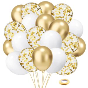 white and gold confetti latex balloons, 50 pack 12 inch gold and white party balloons with ribbons for birthday graduation wedding bridal shower party decoration