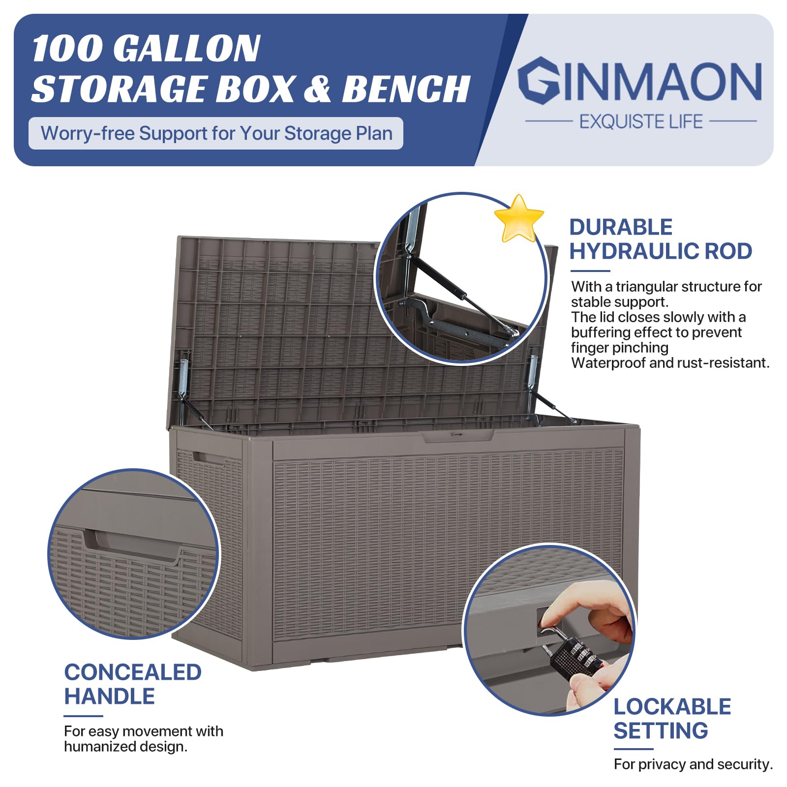 GINMAON Large Resin Deck Box 100 Gallon, Outdoor Storage Box Waterproof with Lockable Lid, Outdoor Storage Bench UV Resistant for Outdoor Cushion & Patio Furniture/Garden Tools/Pool Supplies, Tan