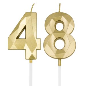 48th & 84th birthday candles for cake, gold number 48 84 3d diamond shaped candle birthday decorations party supplies for women or men