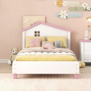 bellemave twin platform bed with headboard, house twin bed with support slats, wood kids twin size bed for boys girls, no box spring needed, bedroom furniture (white+pink)