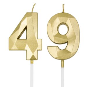 49th & 94th birthday candles for cake, gold number 49 94 3d diamond shaped candle birthday decorations party supplies for women or men