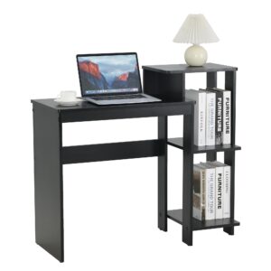 rockpoint efficient small black computer desk with slot and printer shelves, for small home office bedroom, homework and school studying writing desk for student with ipad slot, laptop desk