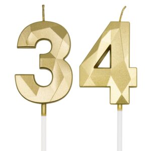 34th & 43rd birthday candles for cake, gold number 34 43 3d diamond shaped candle birthday decorations party supplies for women or men