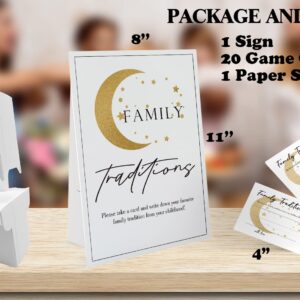 Golden Moon Theme Favorite Family Traditions Baby Shower Games Set(1 Sign and 20 Cards), Games for Baby Shower, Wedding Shower Bridal Shower, Game Night, Gender Reveal Party, Family Day Decorations 06