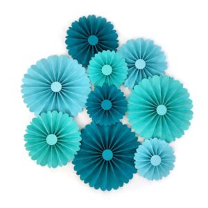 mybbshower paper flower for wedding fan photo backdrop bridal shower birthday party decorations pack of 9 (turquoise party)