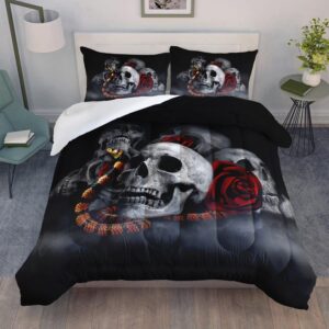 ailonen skull decor bedding set queen size, snake entwined skeleton 3d print halloween comforter set,red rose smoky fog style black tint soft breathable duvet set 3 pieces, 1 quilt and 2 pillowcases