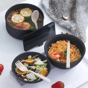 microwave ramen bowl cooker set - wheat straw instant noodles bowl with handles, ramen noodle cooker with spoon chopsticks fork, college dorm room apartment essentials (black)