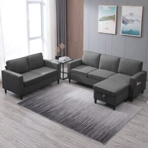 zafly convertible sectional sofa couches,3 pcs couches set with storage ottoman for living room,modular l shape and loveseat sets including 3 seat sofa,ottoman loveseat,dark grey