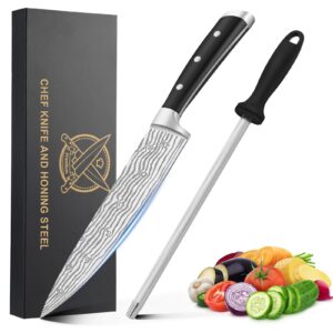 unokit chef knife, professional chef knife 8.3 inch and honing steel, stainless steel, ergonomic handle, ultra sharp chef knife, non-stick kitchen knife, chefs knives and honing steel with gift box