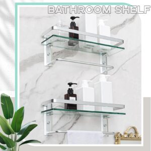 Geetery 2 Sets Glass Bathroom Shelf with Towel Bar 15.75 x 4.5 Inches Wall Mounted Aluminum Tempered Glass Shelf Rustproof Shelves Bathroom Hand Towel Holder with Shelf Shower Rack Bathroom Hardware