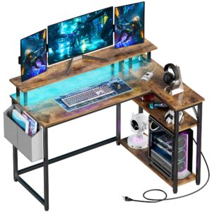 mr ironstone l shaped desk with power outlets & led lights, computer desk with long monitor stand, 47 inch office desk, corner desk for small space, home office desk, rustic brown