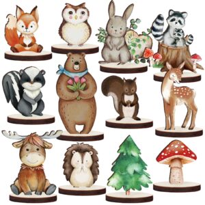 geetery 12 pcs woodland animals wooden animal cutout shapes forest painted woodland baby shower decorations woodland creatures wood table centerpieces for woodland camp party supplies (cute)