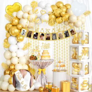 hombae engagement party decorations, gold and white bridal shower dimond fringe curtain balloon garland leaves he asked she said yes banner cake cupcake topper box cutout i do confetti sash