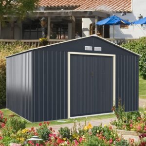 ironmax 11x8 ft outdoor storage shed, galvanized steel garden shed w/double sliding doors & air vent for lawnmower tool bike, heavy duty tool storage house for backyard patio lawn