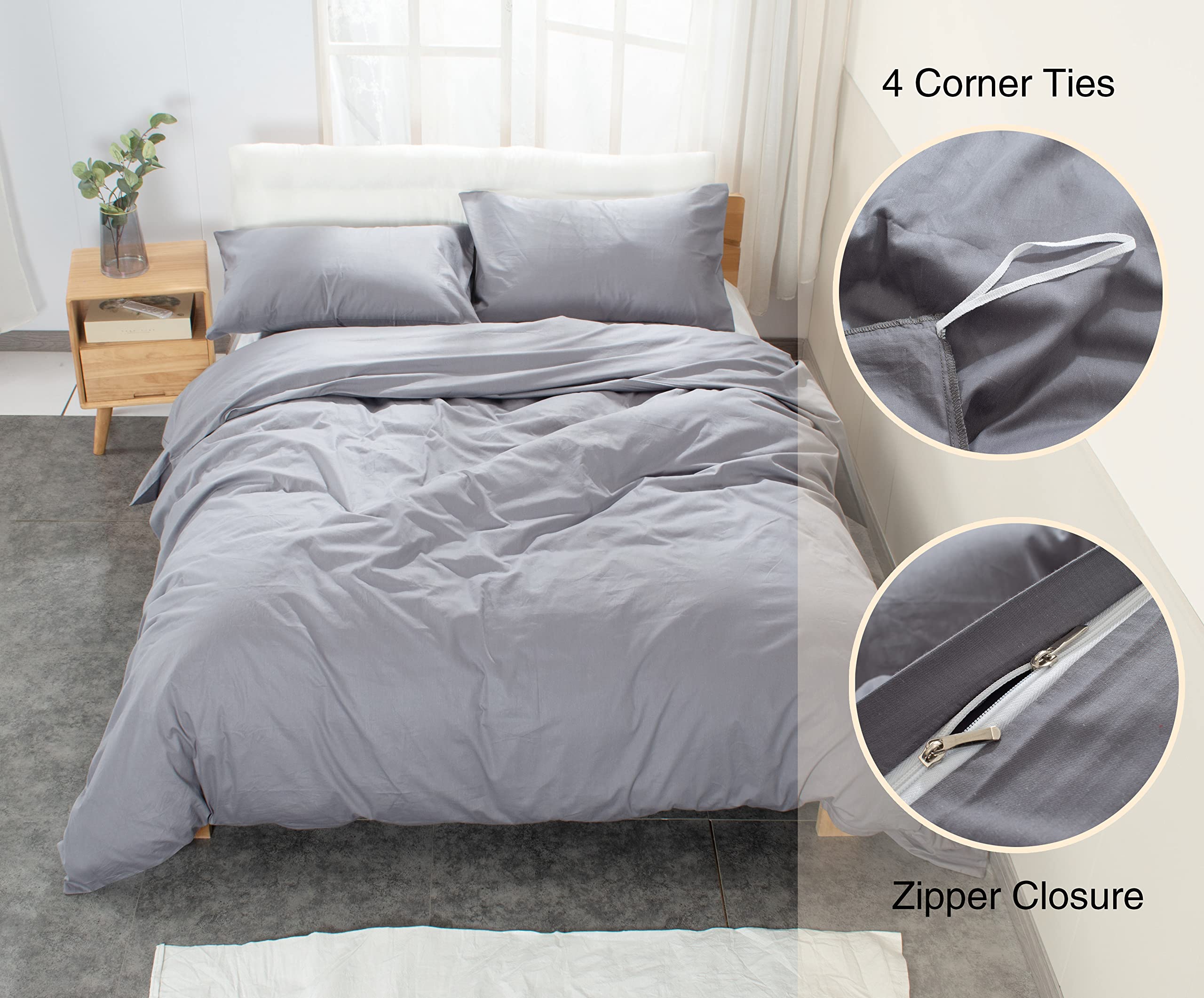 Discshi Bedding Duvet Cover Set 100% Cotton Full Size Breathable Durable Soft Comfy 3 PCS Comforter Cover Set with 1 Duvet Cover(86"x86") and 2 Pillow Covers(20"x30") (Grey)