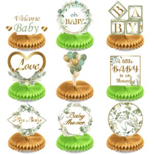 weecent 9 pcs greenery baby shower honeycomb centerpieces oh baby party decorations sage green party table centerpieces baby boy girl birthday party green leaf cake decorations