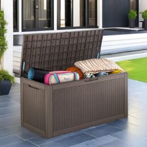 ginmaon large resin deck box 100 gallon, outdoor storage box waterproof with lockable lid, outdoor storage bench uv resistant for outdoor cushion & patio furniture/garden tools/pool supplies, tan