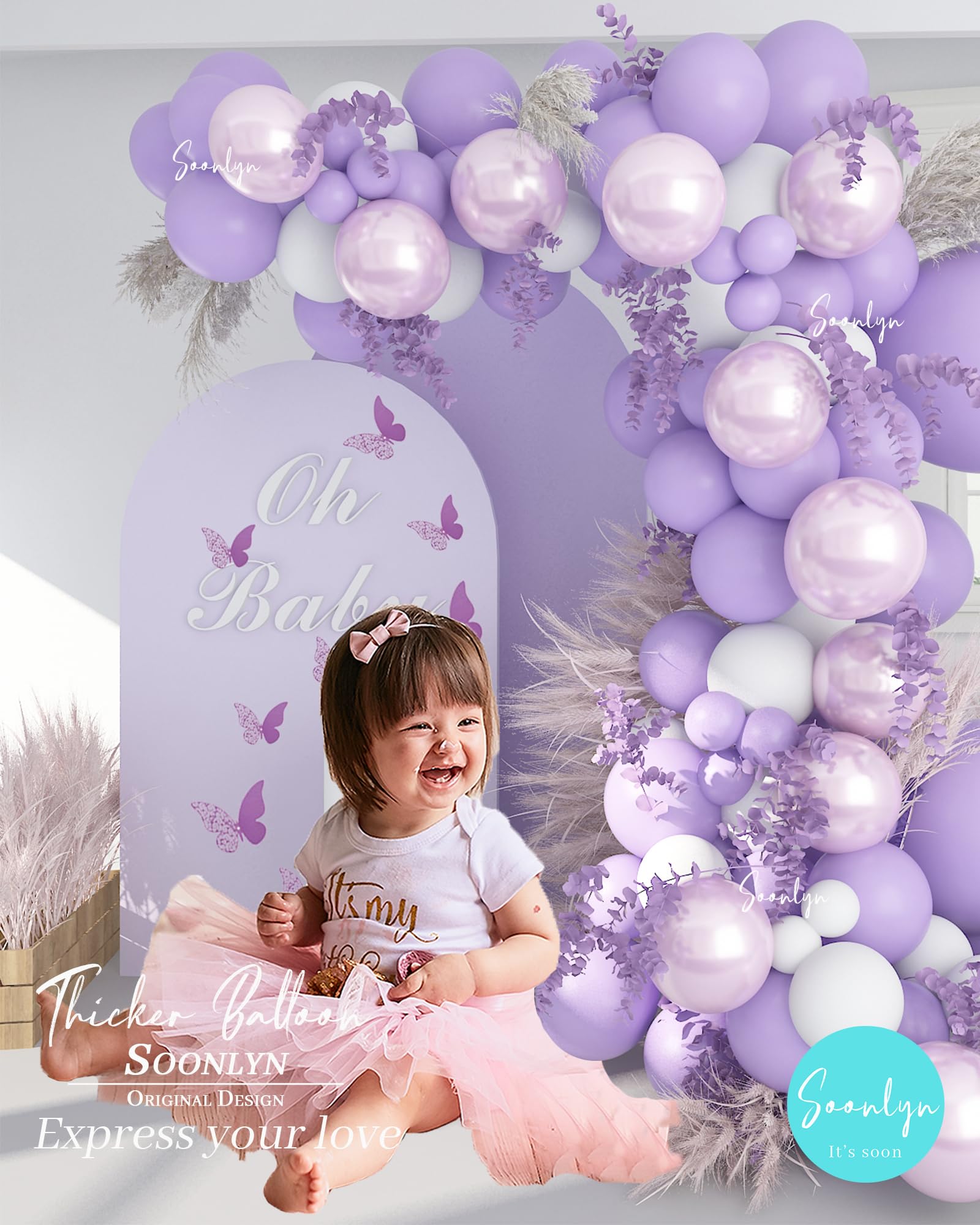 Soonlyn Purple Balloon Arch Kit 12ft 12In Lavender Butterfly Balloon Arch Garland Kit 12pcs Butterfly Stickers Female Gift for Birthday,Wedding,Bridal Shower