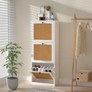 anmytek rattan shoe cabinet, entryway cabinet wooden shoe rack with 3 flip drawers, 3-tier shoe storage cabinet for entryway hallway, white s0003