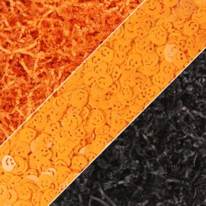 lomimos 450g/1lb halloween raffia paper, black orange shred with pumpkin confetti sprinkle for gift wrapping craft diy packaging filling party decoration