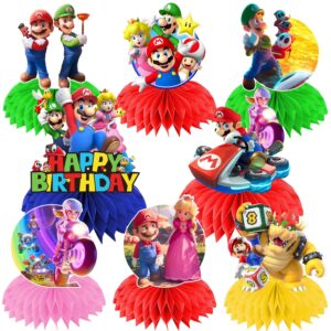 8 pcs super brother centerpieces for birthday, video game theme centerpieces, bros decorations for party, 3d double side party decorations, party supplies table decorations